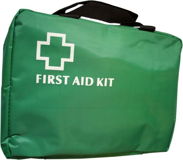 Green First Aid Bag With Handles; 3 fold out compartments
